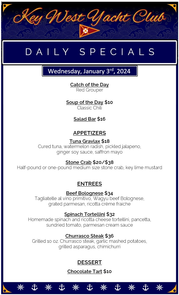 Dinner Menu - Key West Yacht Club